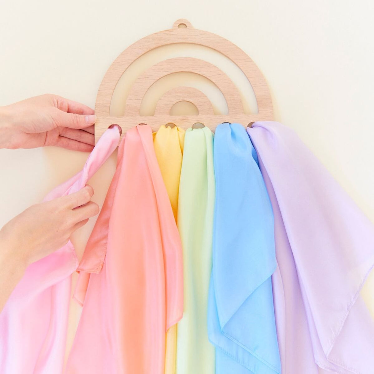Sarah's Silks Rainbow Playsilk Display from Oskar's Wooden Ark